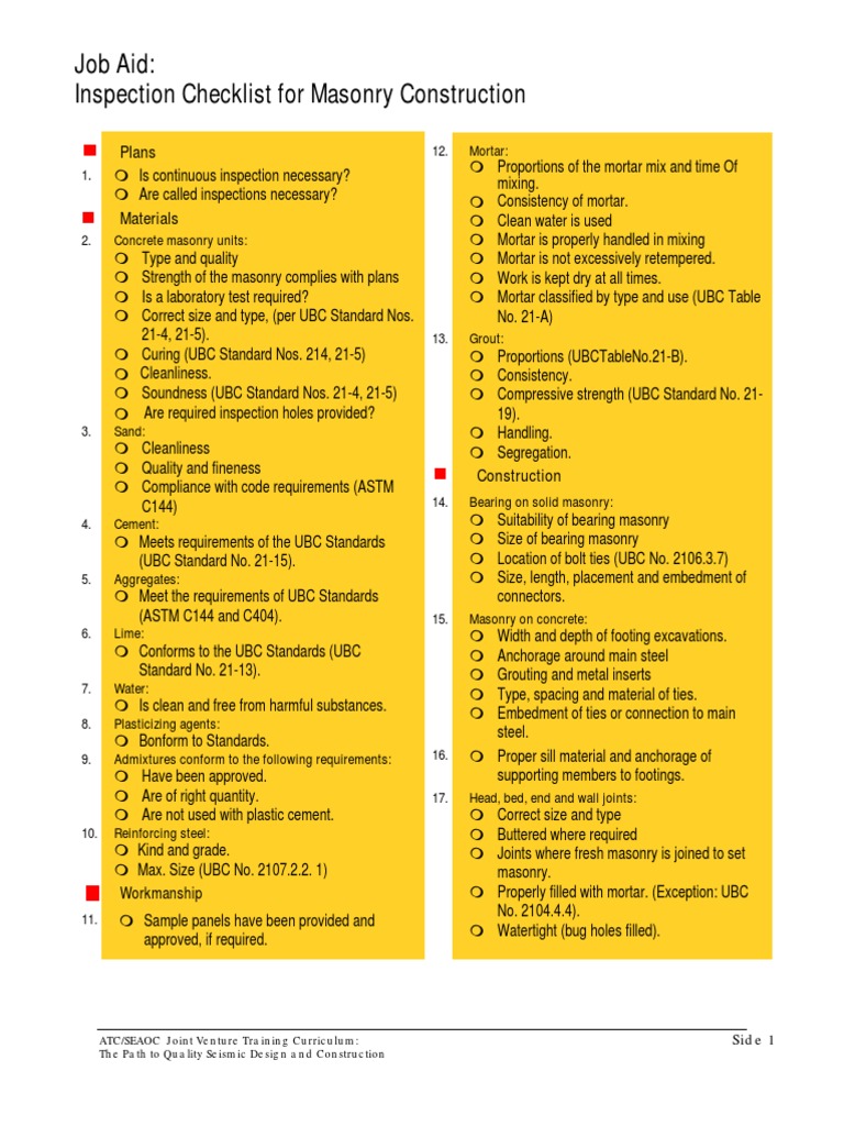 Jobaid3 Inspection Checklist for Masonry Construction | Masonry ...