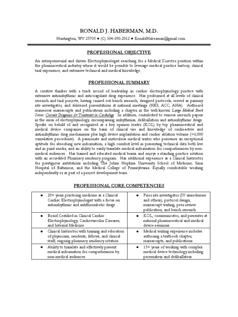 Pharma Medical Director Cardiology in NYC Resume Ronald Haberman | PDF ...