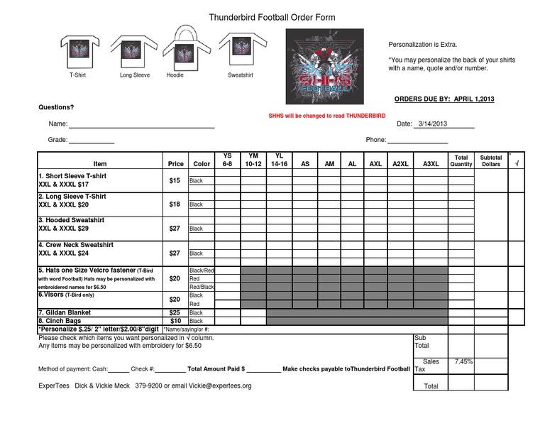 Thunderbird Football Order Form2013 | PDF