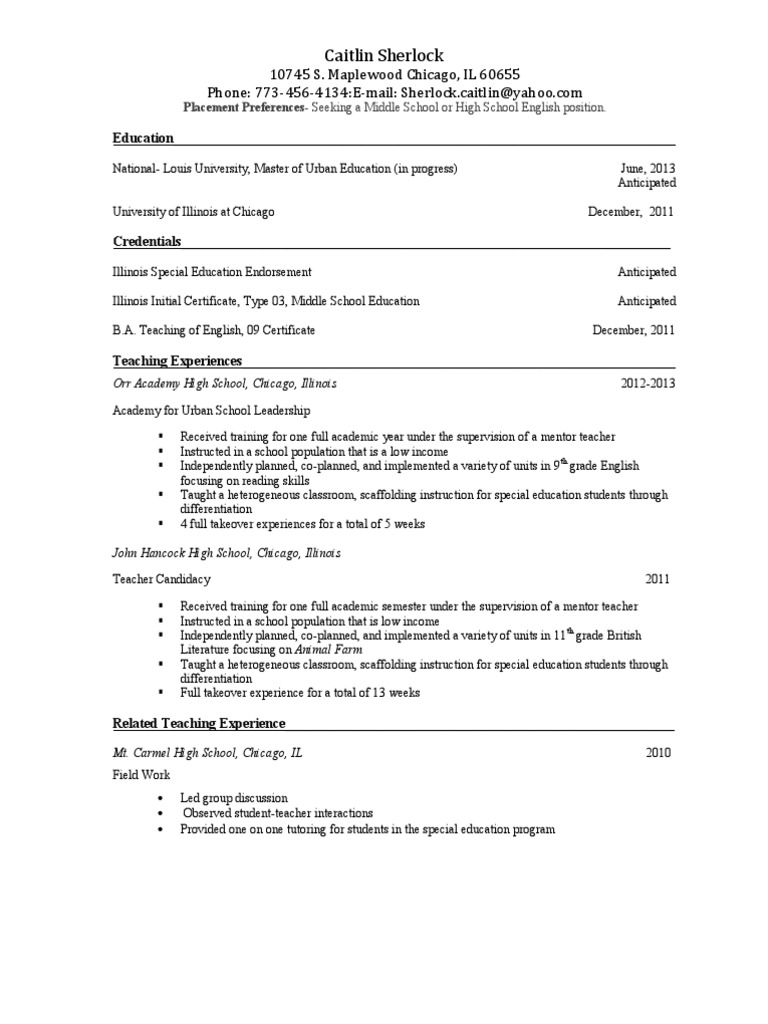 Caitlin Sherlock Resume | PDF | Special Education | Teachers