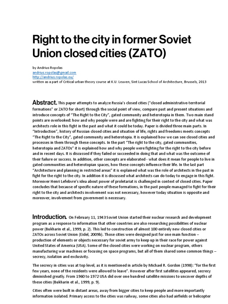 Right To The City in Former Soviet Union Closed Cities (ZATO) | PDF ...