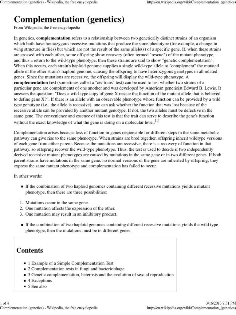 Complementation (Genetics) - Wikipedia, The Free Encyclopedia | PDF ...
