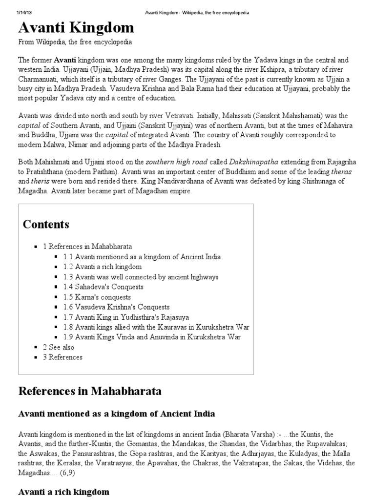 Avanti Kingdom - Wikipedia, The Free Encyclopedia | PDF | Mahabharata ...