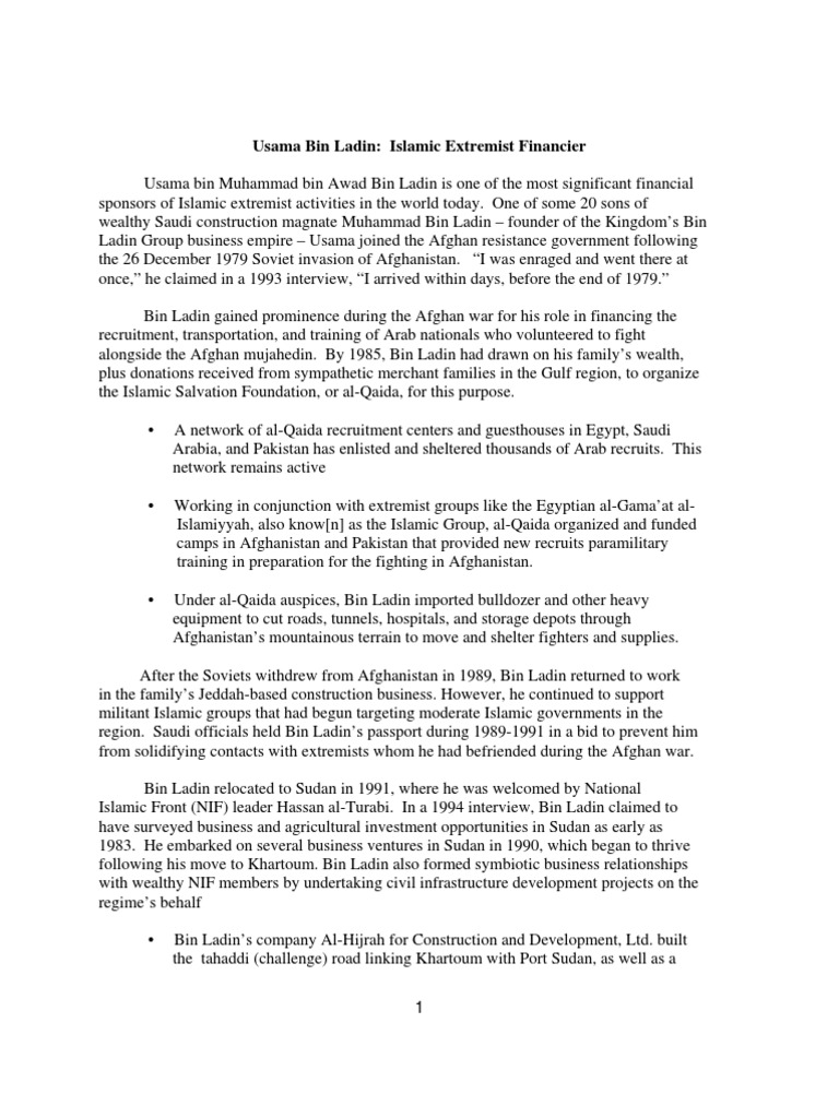 Usama Bin Ladin: Financier of Extremism | PDF | Osama Bin Laden | Al Qaeda