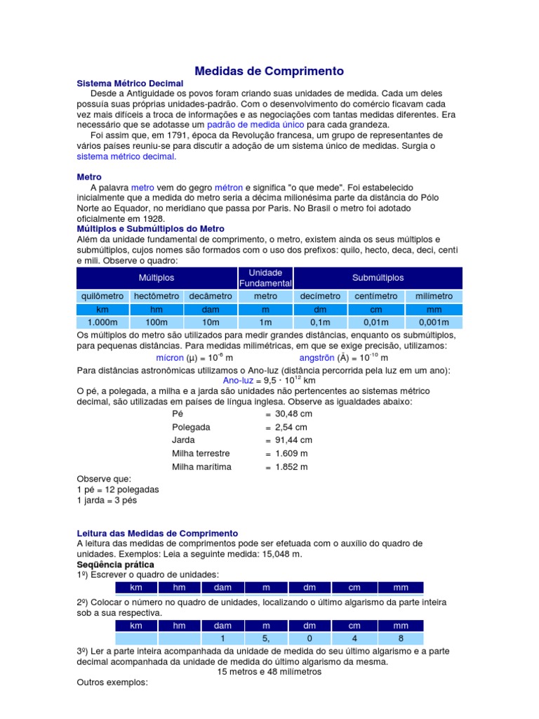Medidas de Comprimento | PDF | Quilômetro | Metro