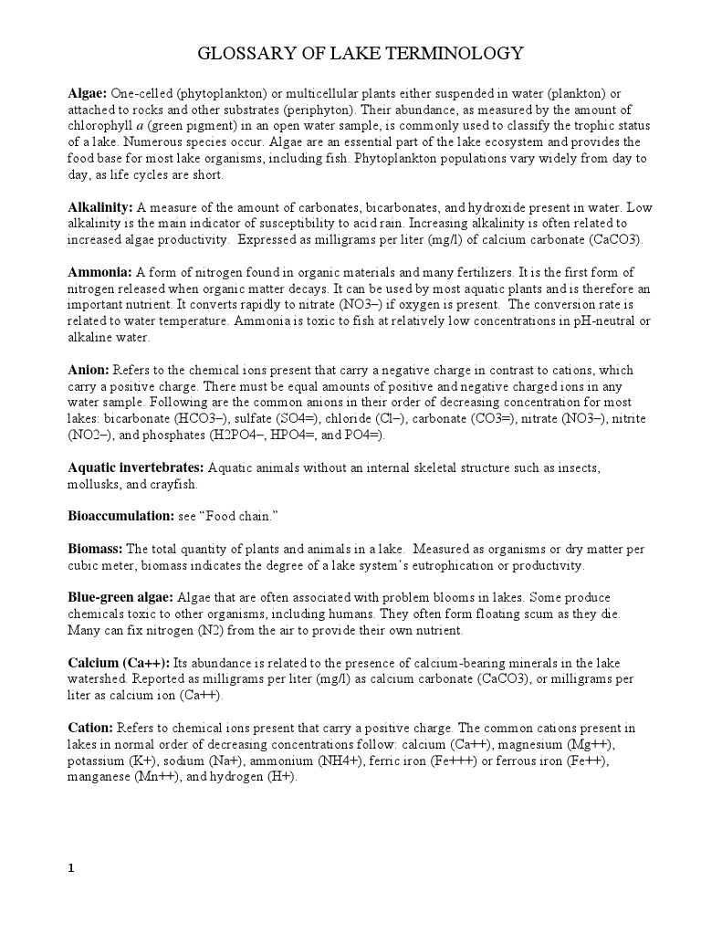 Glossary of Lake Terminology | PDF | Lake | Nitrate