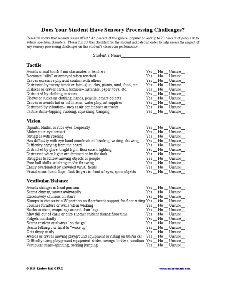 Student SPD Checklist For Teachers | PDF | Sensory Processing Disorder ...