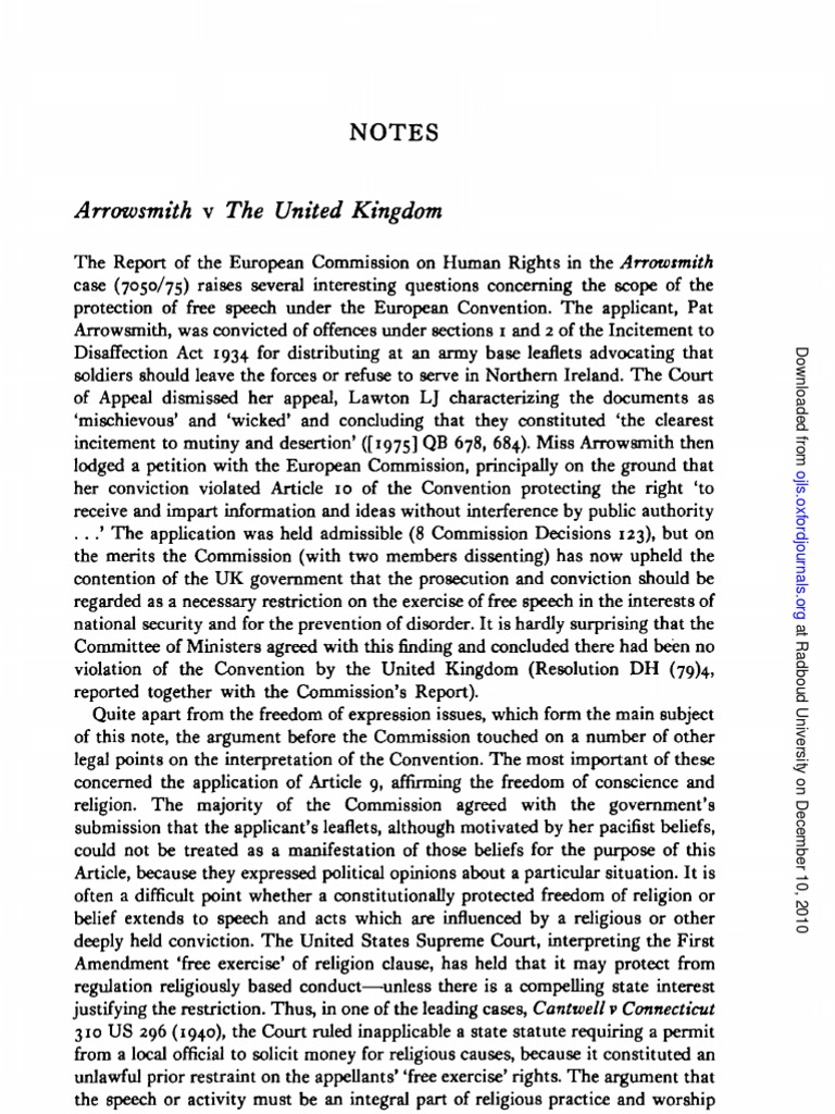 Arrowsmith V The United Kingdom | PDF | Free Exercise Clause | Freedom ...