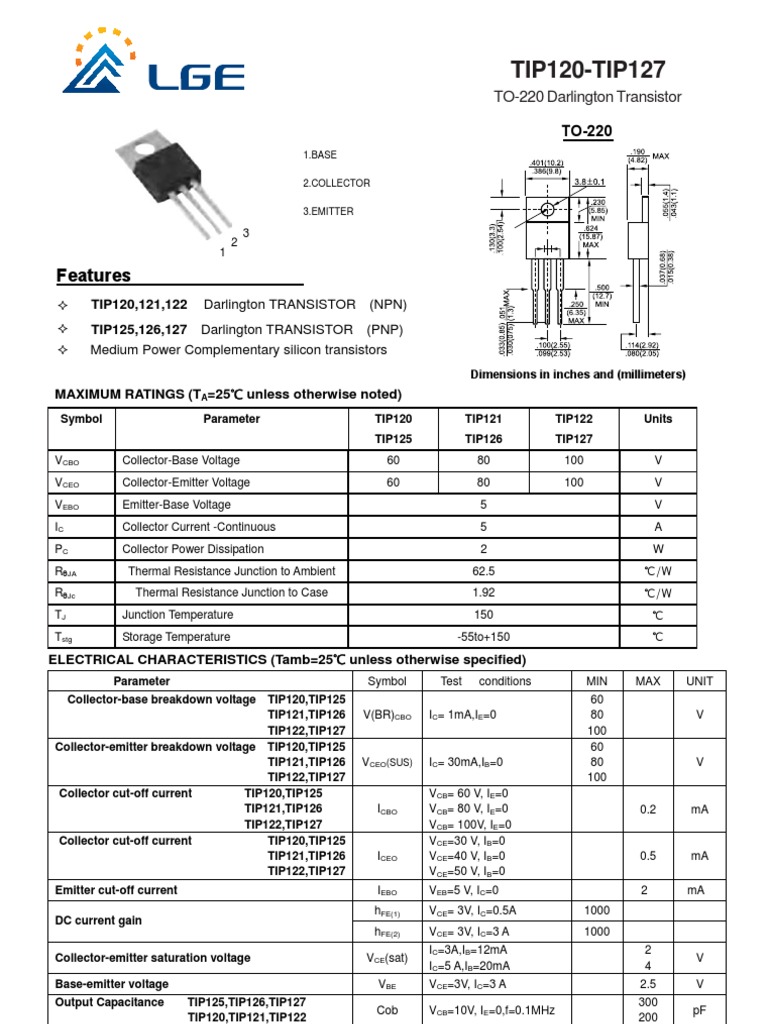 Darlington Transistor TIP120-127 Specs | PDF