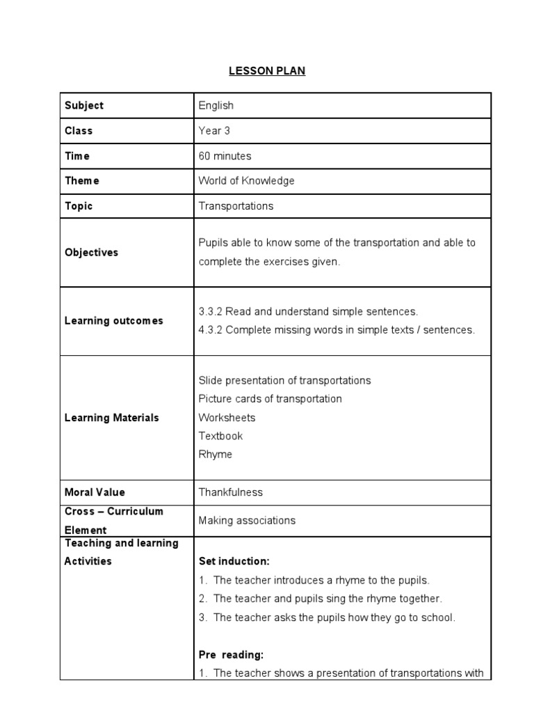 Lesson Plan Subject Class Time Theme Topic | PDF | Language Arts ...
