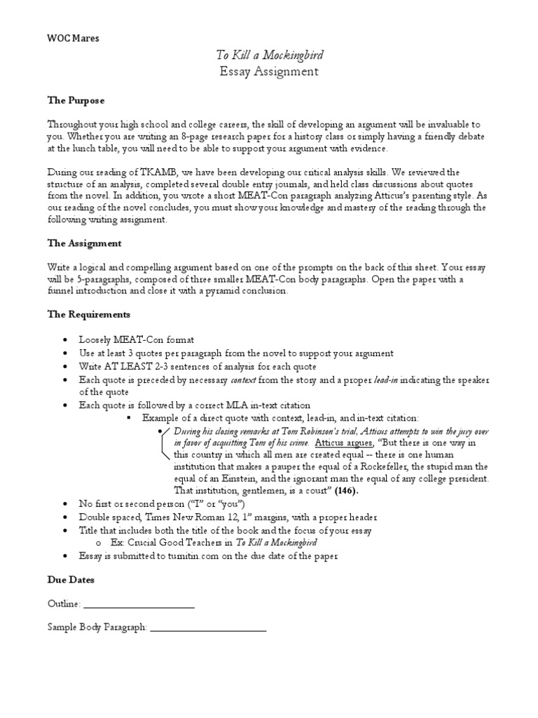 To Kill A Mockingbird Essay Assignment | PDF | To Kill A Mockingbird ...