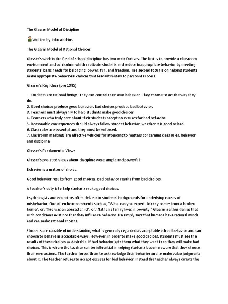Glasser's Discipline Model for Classrooms | PDF | Teachers | Behavior