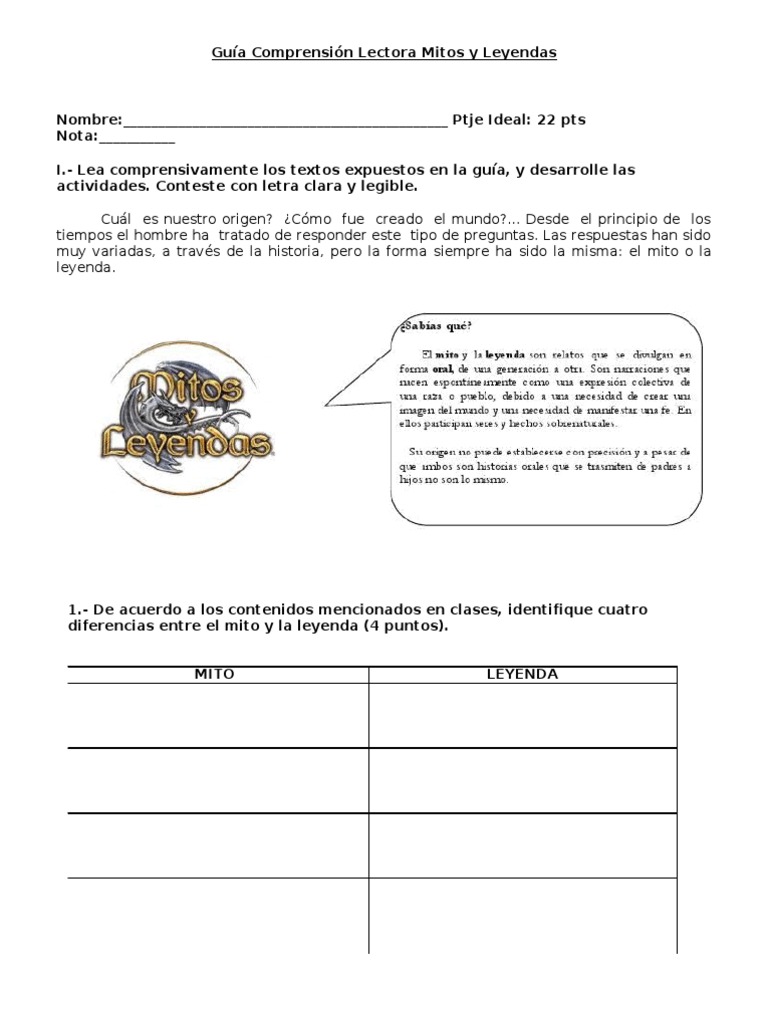 Guía Comprensión Lectora Mitos y Leyendas (1) | Mythology