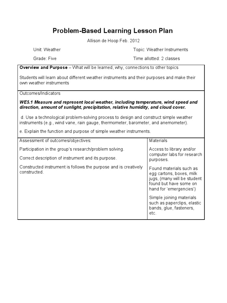 Problem Based Learning Lesson Plan, Gr. 5 Weather | PDF | Lesson Plan ...