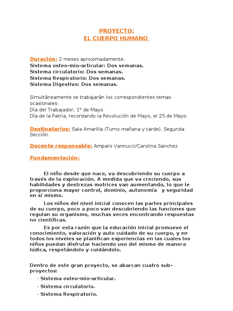 Proyecto Didáctico: El Cuerpo Humano | PDF | Hueso | Sistema circulatorio