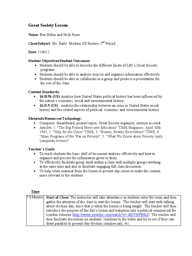 Great Society Lesson Plan | Download Free PDF | Great Society | Lesson Plan