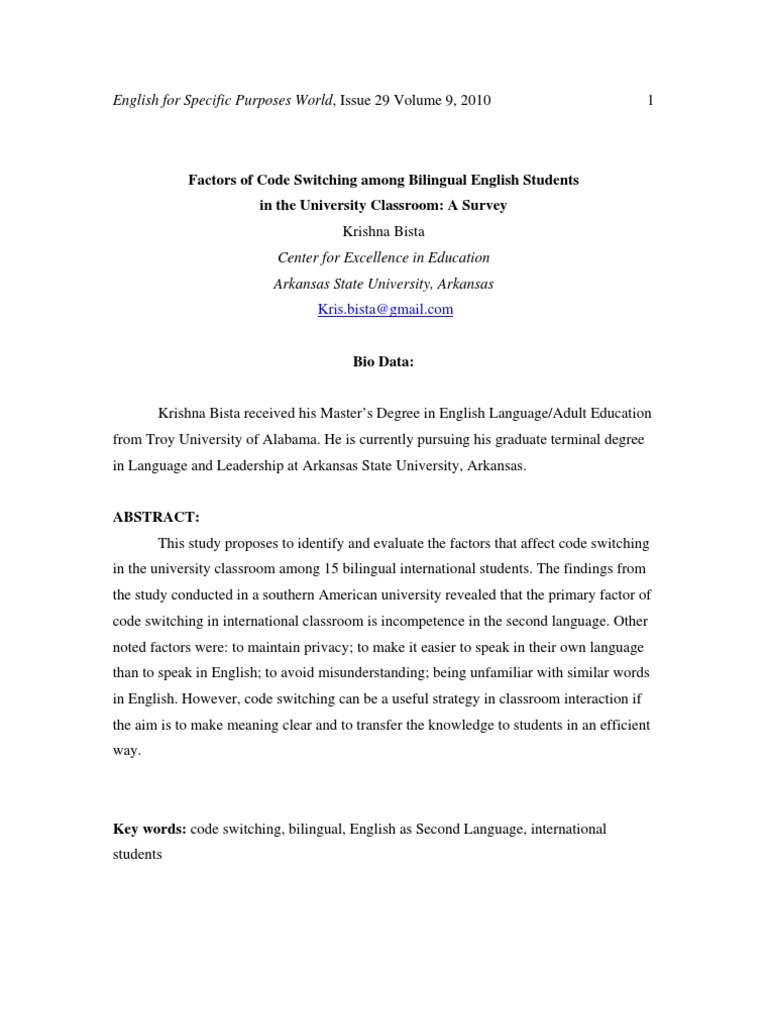 Factors of Code Switching Among Bilingual English Students in The University Classroom: A Survey ...