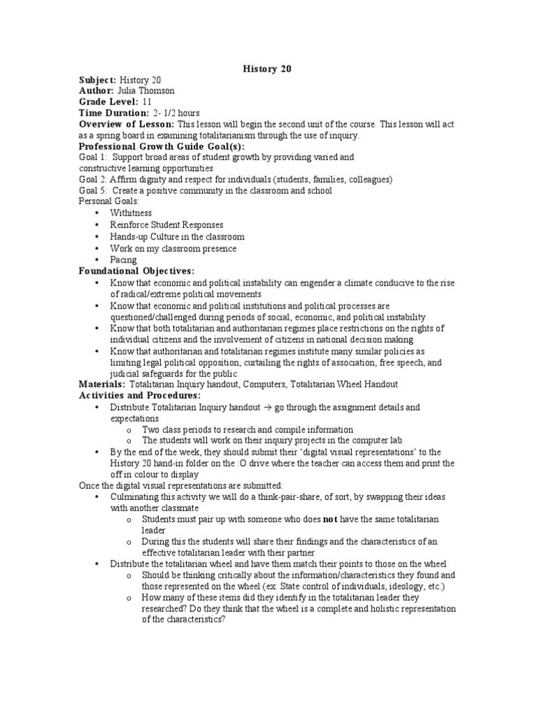 Totalitarian Inquiry Project-Lesson Plan | PDF | Totalitarianism ...