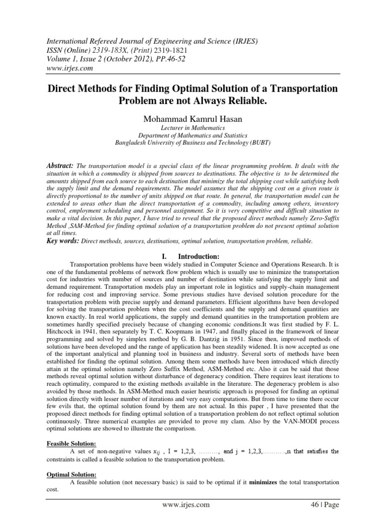 Optimal Solution For The Transportation Problem | PDF | Mathematical Optimization | Matrix ...