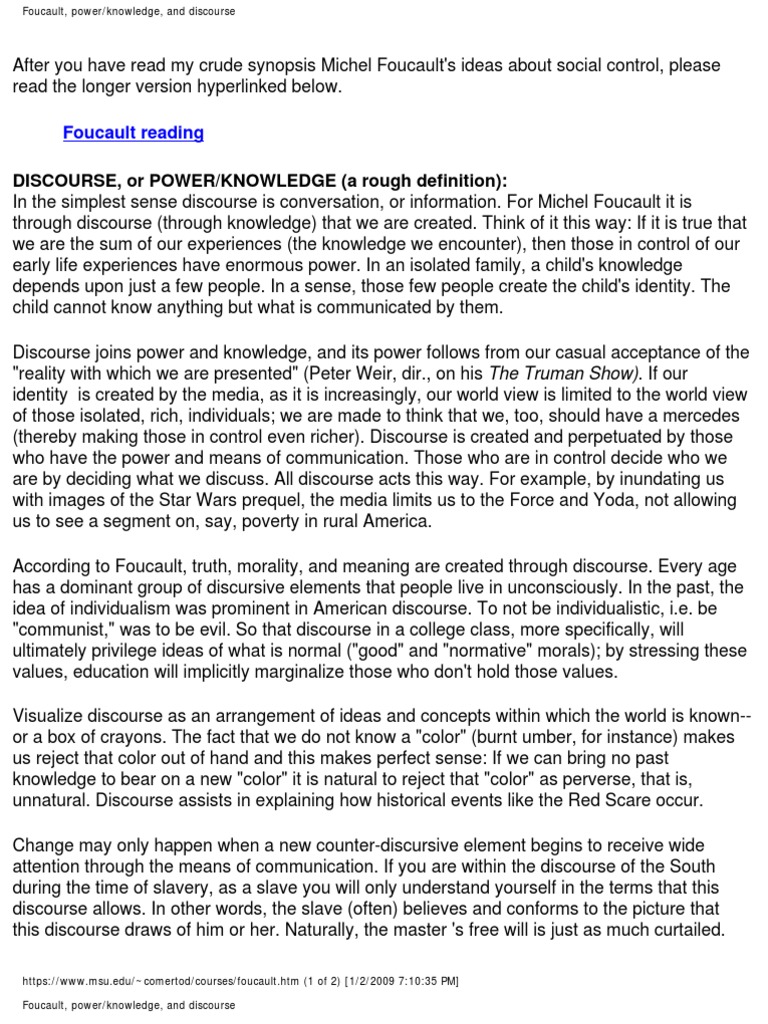 Foucault, Power - Knowledge, and Discourse | PDF | Discourse ...