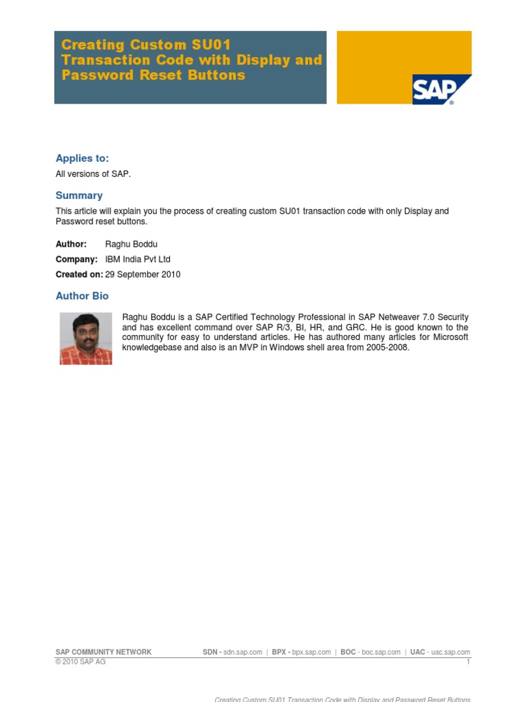 Creating Custom SU01 Transaction Code With Display and Password Reset Buttons PDF | PDF ...