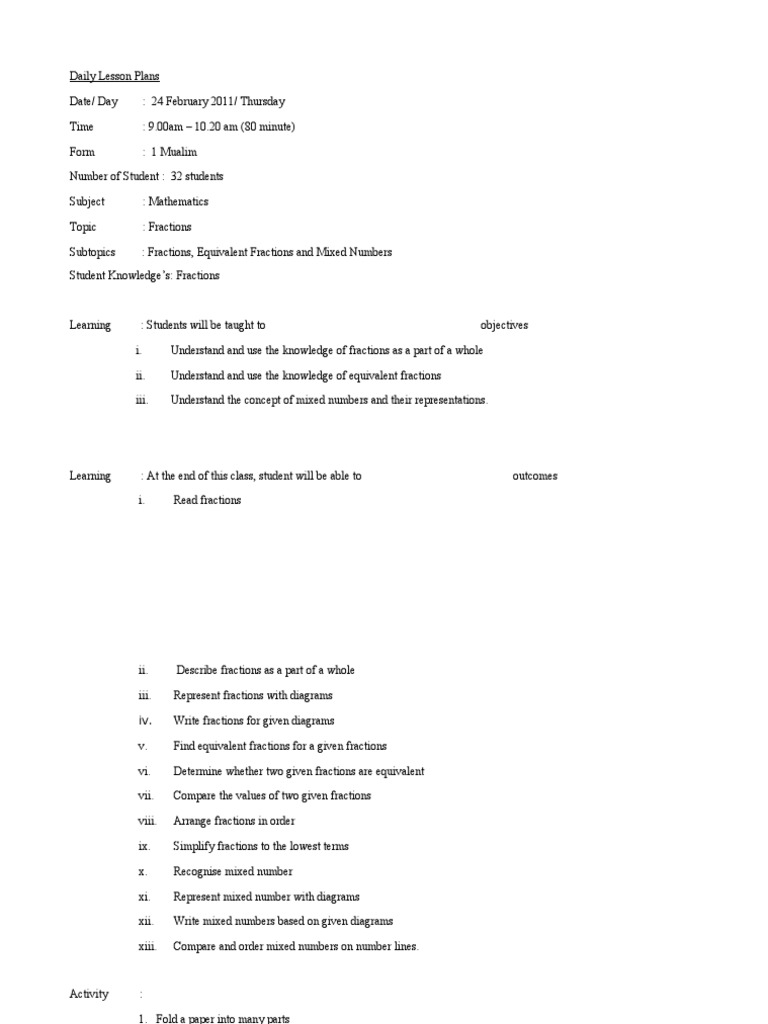 Fractions - Lesson Plan | PDF | Lesson Plan | Fraction (Mathematics)