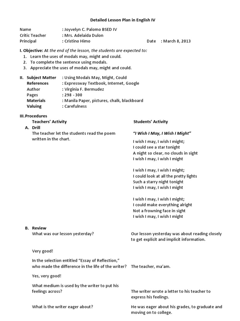 Detailed Lesson Plan | PDF | Verb | Modal Logic
