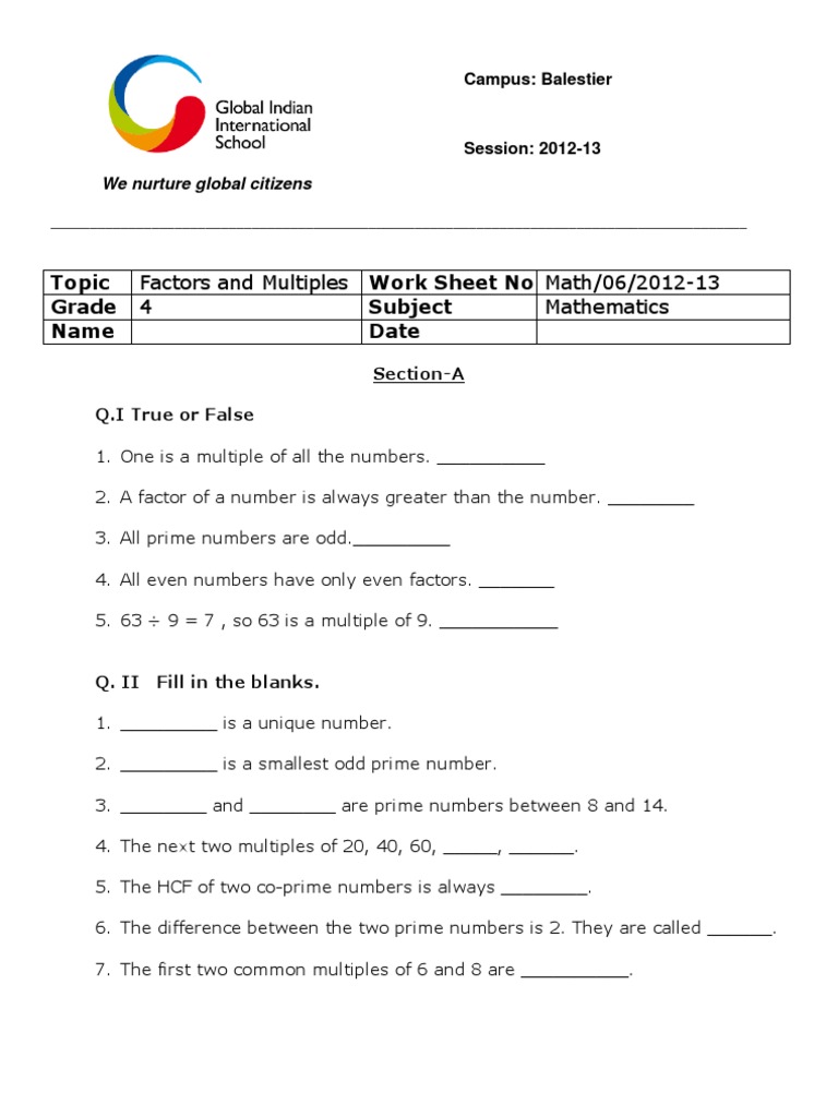 Worksheet Class 4 Factors and Multiples | PDF
