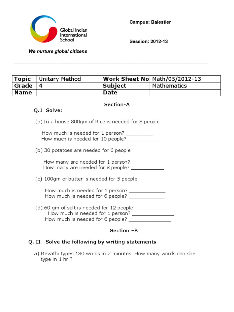 Class 4 Unitary Method Worksheet | PDF | Cognition | Learning