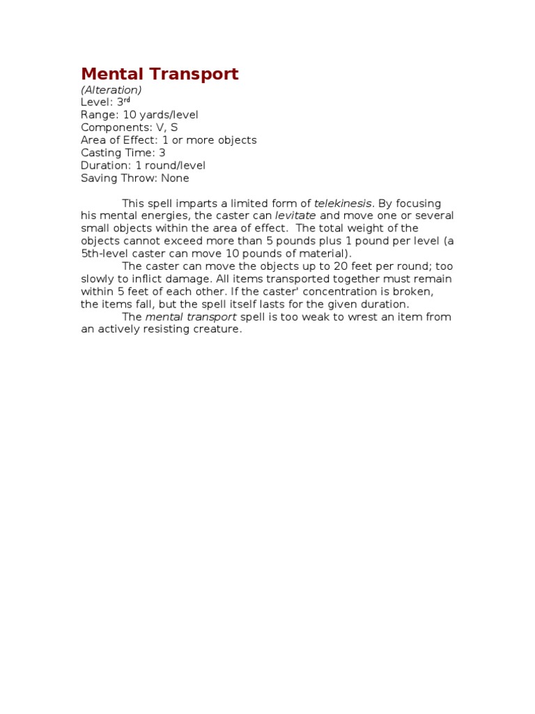 Mental Transport Spell Overview | PDF