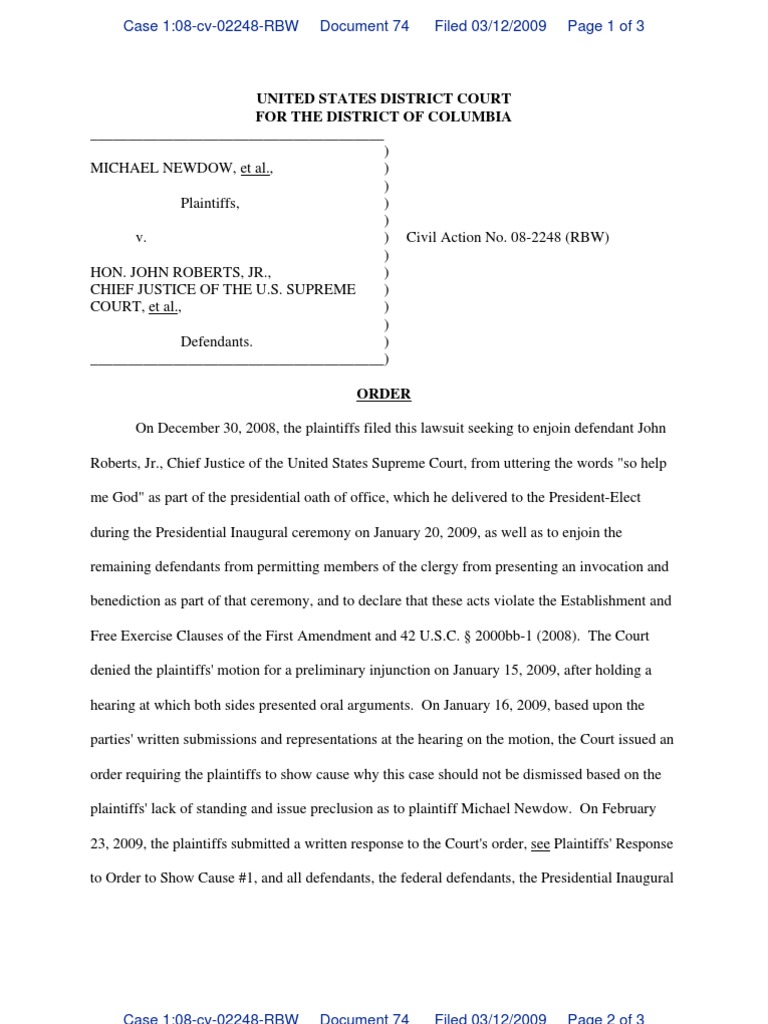 Newdow V Roberts D-DC 2009-03-12 #74 Order of Dismissal | PDF ...