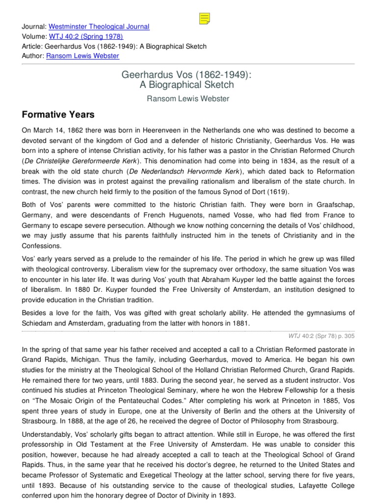 Geerhardus Vos (1862-1949) - A Biographical Sketch - by - Ransom Lewis ...