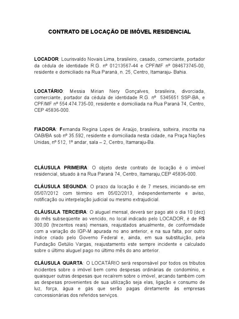 Contrato De LocaÇÃo De ImÓvel Residencial Aluguel Governo