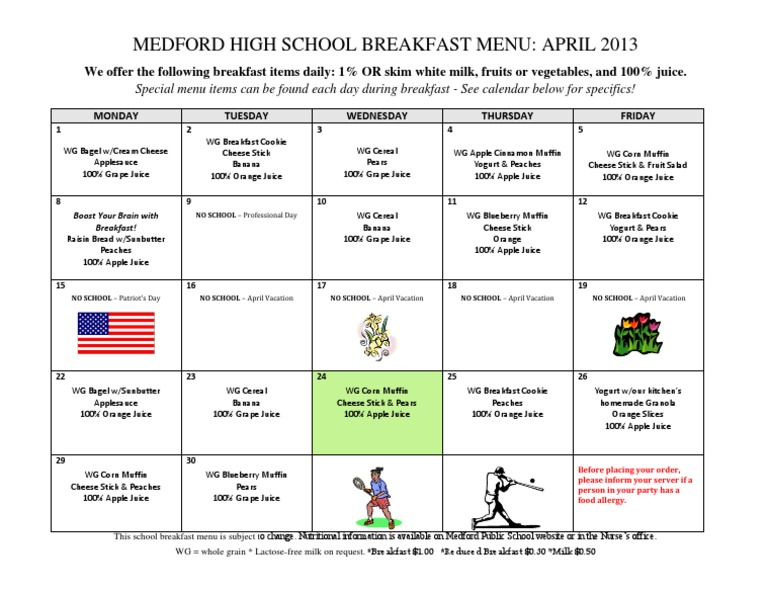 Medford High School April 2013 Breakfast Menu | PDF | Wellness | Lifestyle