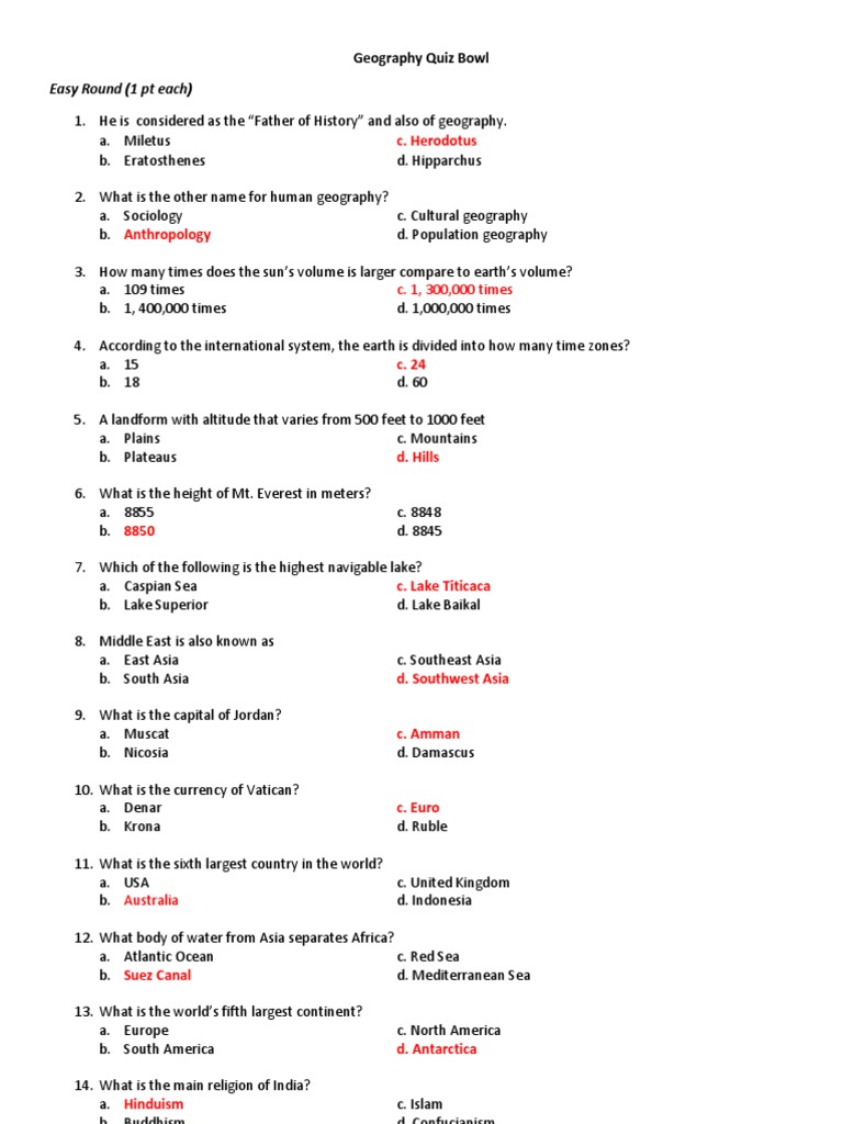 Geography Quiz Bowl | PDF | Asia | Continent