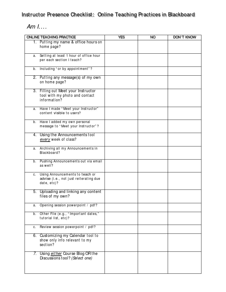 Instructor Presence Checklist: Online Teaching Practices | PDF ...