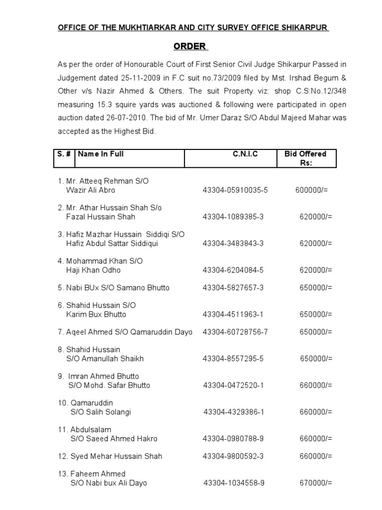 Order: Office of The Mukhtiarkar and City Survey Office Shikarpur | PDF | Auction | Lawsuit