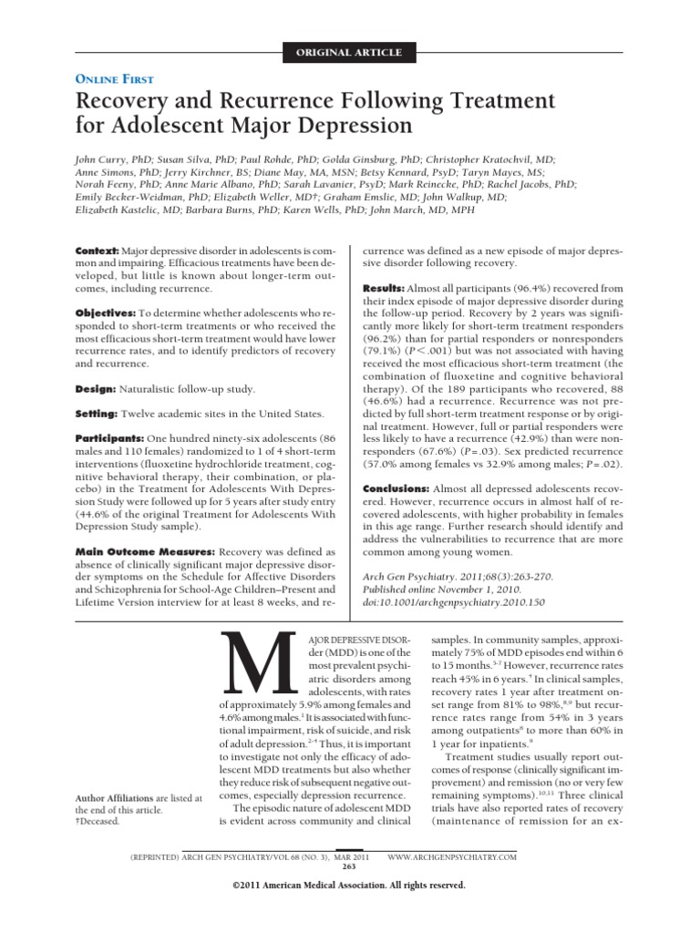 Recovery and Recurrence Following Treatment For Adolescent Major ...