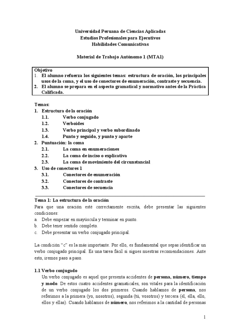 Material de Trabajo Autonomo 1 MTA1 - 1 | PDF | Verbo | Oración (Lingüística)