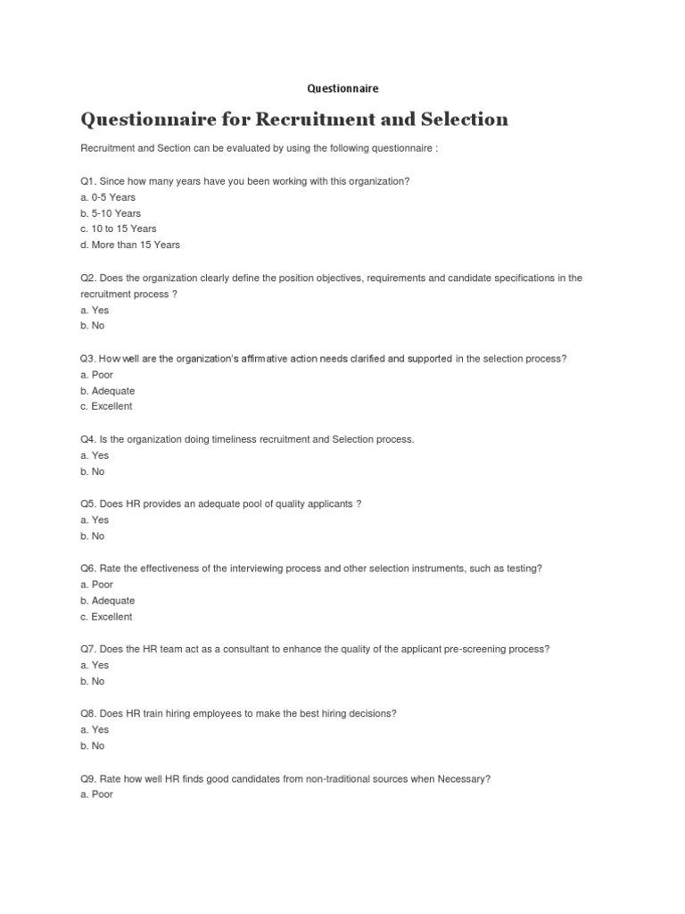 Questionnaire For Recruitment and Selection | PDF