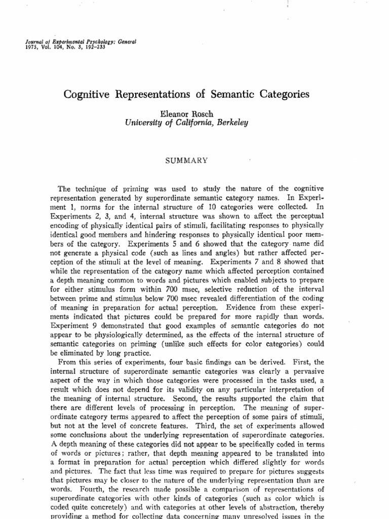 Cognitive Representation of Semantic Categories-Rosch-1975 | PDF | Priming (Psychology) | Concept