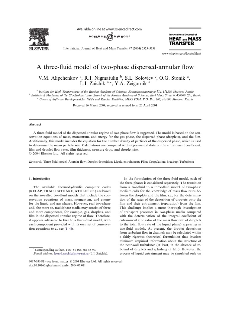 A Three-Fluid Model of Two-Phase Dispersed-Annular Flow | PDF | Turbulence | Drop (Liquid)