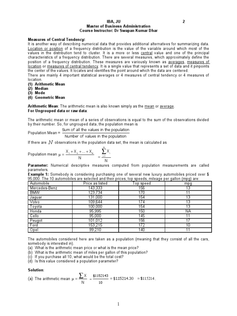 Measures of Central Tendency Explained | PDF | Arithmetic Mean | Mode ...