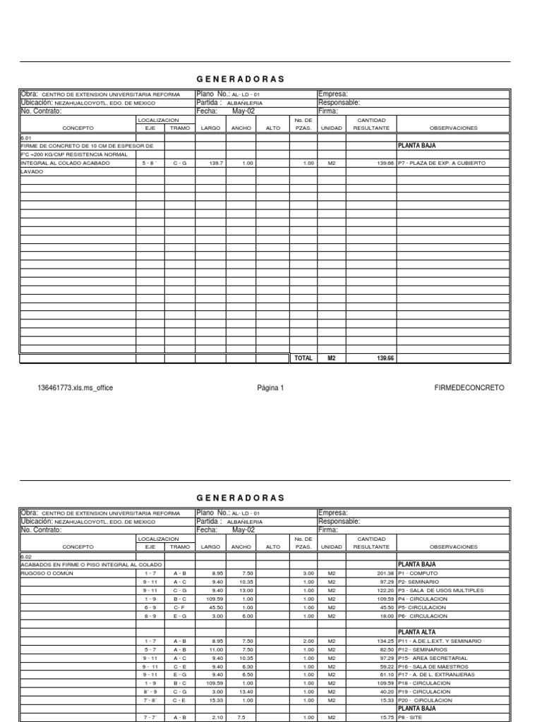 Hoja Calc. Generadores Albañileria | PDF | Vehículos de combate ...