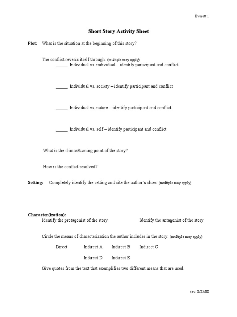 Short Story Analysis Activity Sheet | PDF