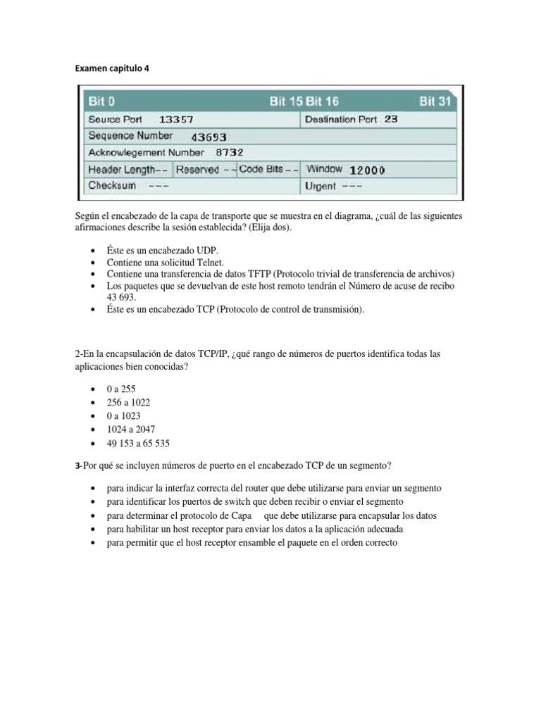 Examen Capitulo 4 | PDF | Protocolo de Control de Transmisión | Protocolos de red