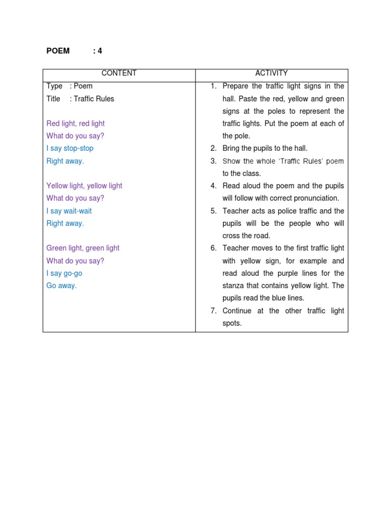 Poem: 4: Red Light, Red Light What Do You Say? | PDF | Traffic Light ...