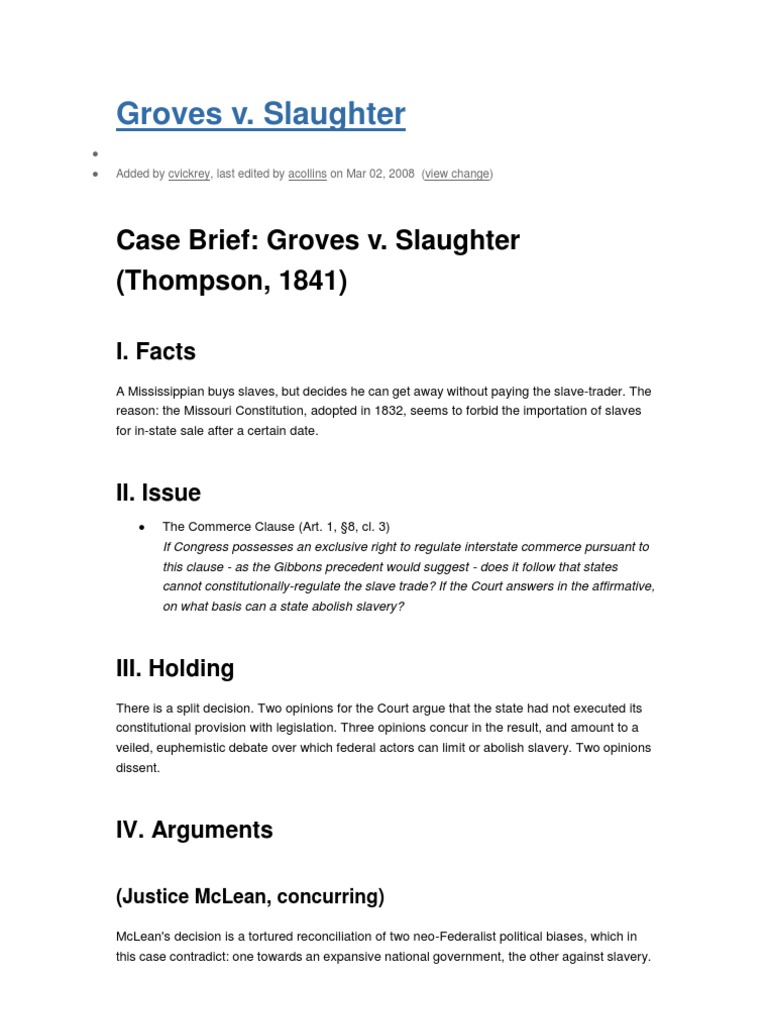 Case Brief: Groves v. Slaughter (Thompson, 1841) | PDF | Commerce ...