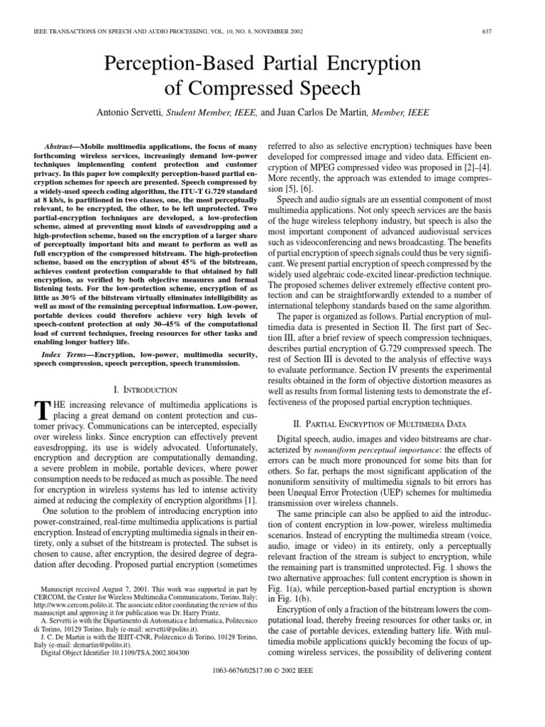 Perception-Based Partial Encryption of Compressed Speech | PDF | Data ...