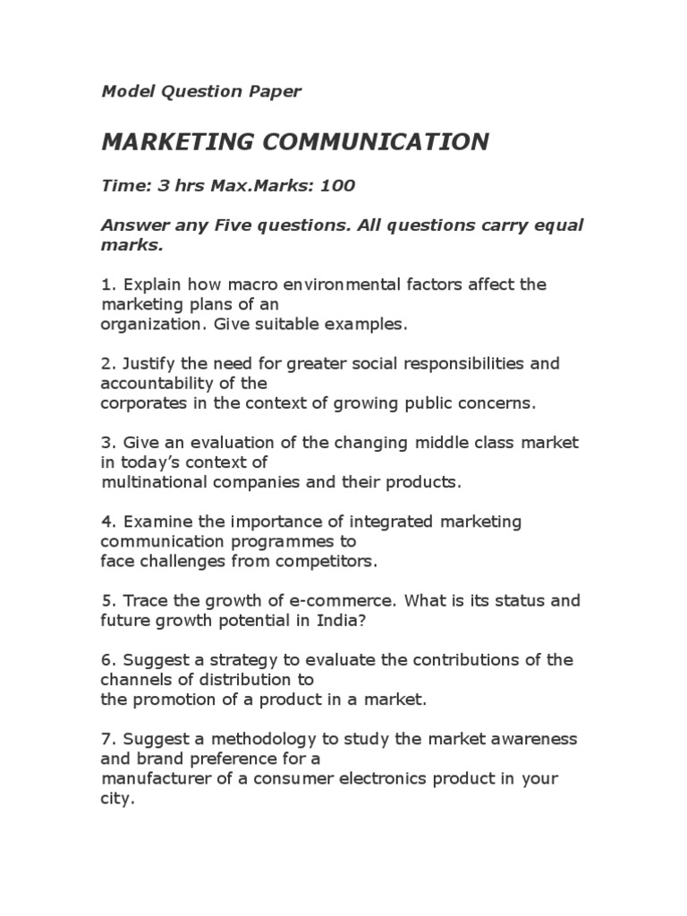 Marketing Communication: Model Question Paper | PDF | Marketing ...